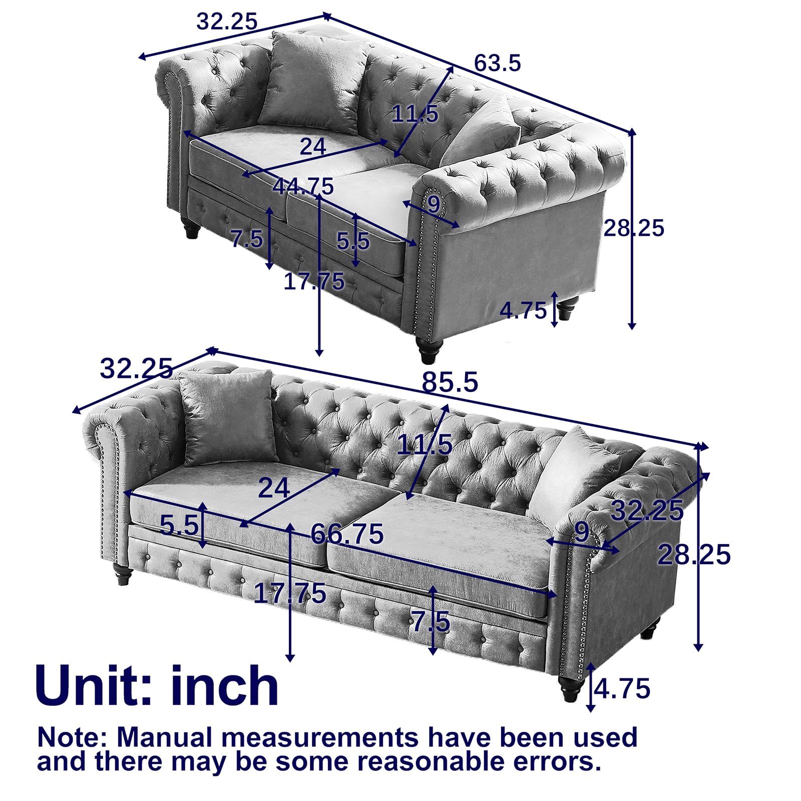 Modern Chesterfield Sofa Set for Living Room, 2 Piece Faux Leather Furniture Sets 3 Seater Couch&Loveseat Sofa with Rolled Arms and Tufted Button, Office, Brown