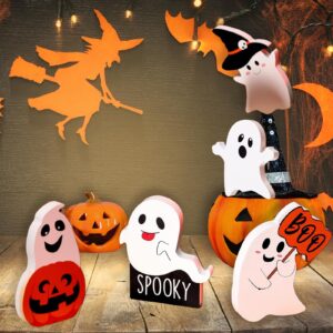 5 Pcs Halloween Wooden Decor Cute Ghost Halloween Tiered Tray Decorations Set Mini Ghost Kit Pumpkin Blocks for Indoor, Desk, Fireplace, Kitchen, Shelf Display, Table