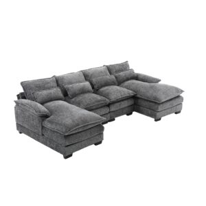 HANLIVES 110.63" U-Shaped Sofas for Living Room Apartment,Chenille Fabric Modern 4 Seats Sectional Sofa Couch with Double Chaise,Cloud Couches(Gray)