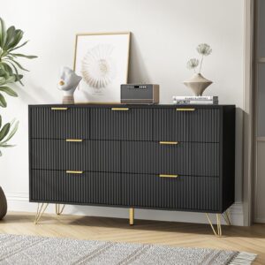 lynsom black dresser with 7 drawer, fluted wood dresser with gold handle, modern closet dressers chest of drawers for living room, hallway and office