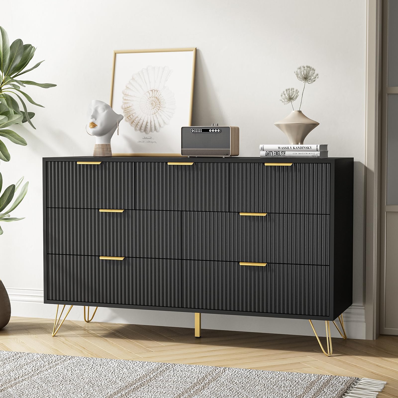 LYNSOM Black Dresser with 7 Drawer, Fluted Wood Dresser with Gold Handle, Modern Closet Dressers Chest of Drawers for Living Room, Hallway and Office