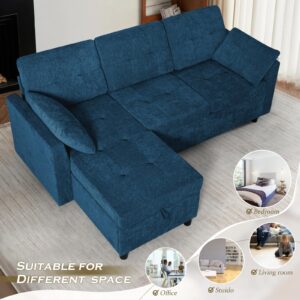 Lesofair 84" Chenille Sectional Sofa w/Tufted Cushions, L-Shaped Convertible Sofa w/Reversible Storage Chaise, Modern Couch w/Two Soft Pillows for Living Room, House, Blue