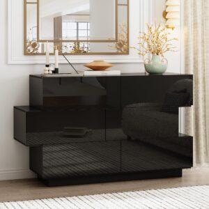 romshine balck drawer dresser for bedroom, modern high gloss dresser with 6 drawers, double dresser storage chest of drawer with asymmetrical design for bedroom, living room, entryway