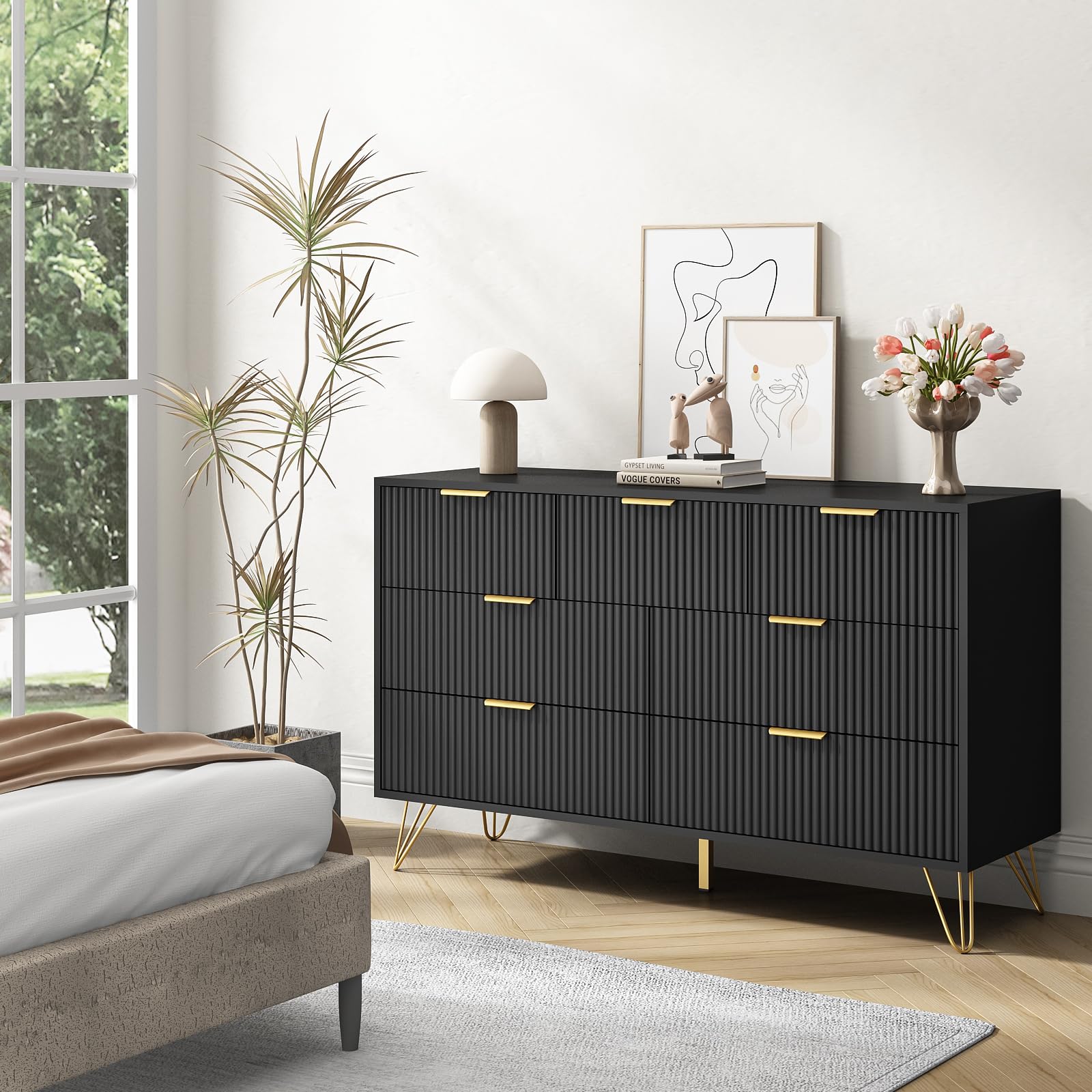 LYNSOM Black Dresser with 7 Drawer, Fluted Wood Dresser with Gold Handle, Modern Closet Dressers Chest of Drawers for Living Room, Hallway and Office