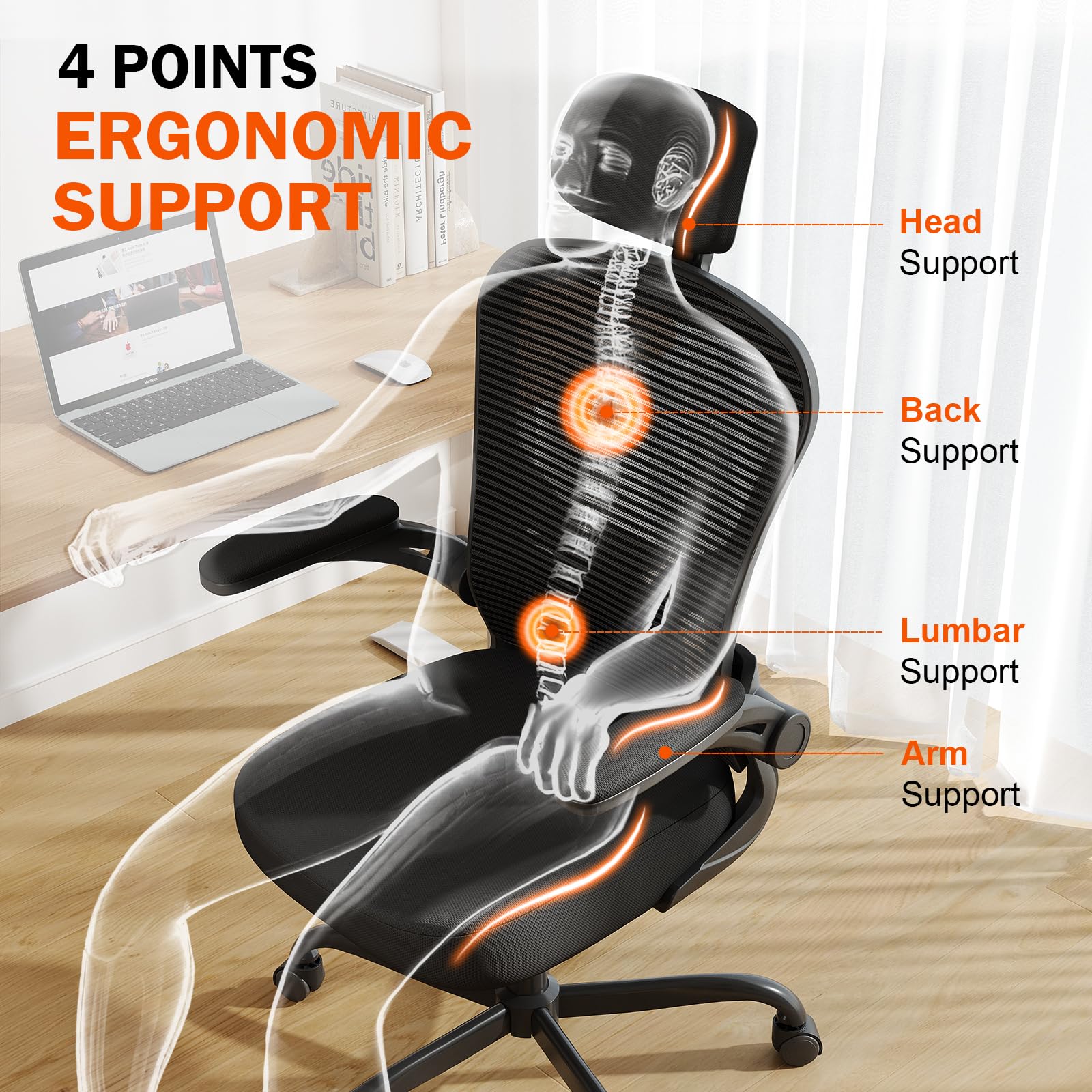 Ergonomic Office Chair Big and Tall, 350LBS Capacity, 6'5" Tall Max, Home High Back Desk Chair for Long Hours Comfortable, Adjustable Lumbar Support and Headrest, Flip-up Arm and PU Wheels, Black