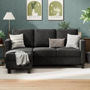 victone sectional sofa couch, 3 seat l-shaped small sofa with movable ottoman couch for small apartments, living rooms and offices (linen fabric, deep grey)