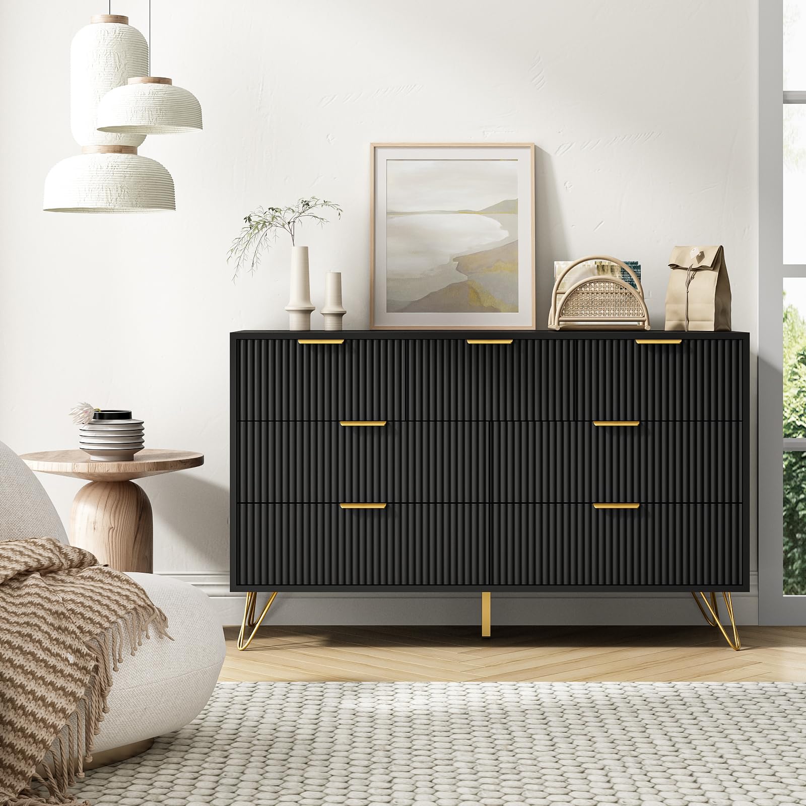 LYNSOM Black Dresser with 7 Drawer, Fluted Wood Dresser with Gold Handle, Modern Closet Dressers Chest of Drawers for Living Room, Hallway and Office