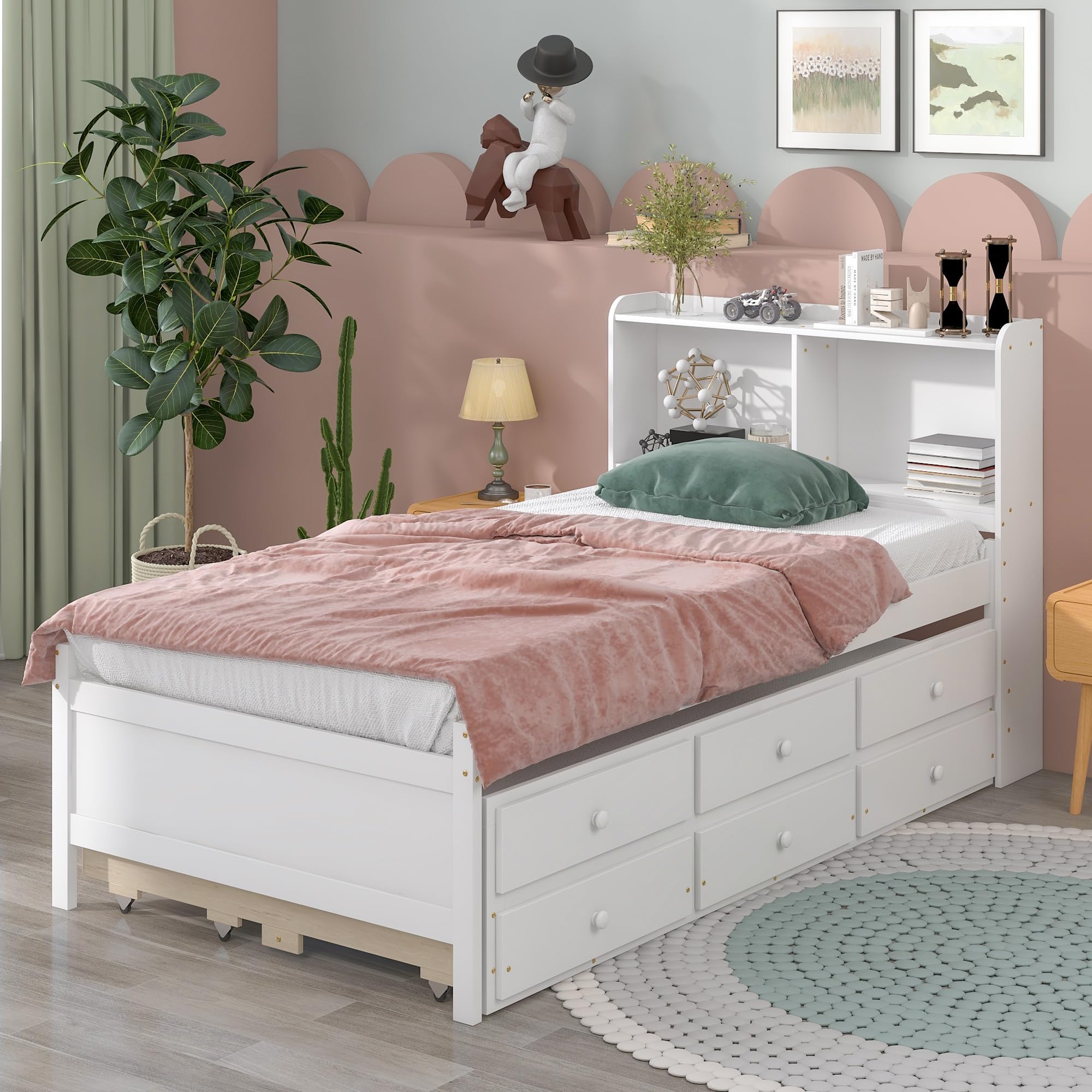 Twin Size Trundle Bed with Storage Drawers and Bookcase Headboard, Kids Twin Bed with Trundle,Captains Bed Twin with Trundle,Twin Trundle Bed with Storage for Teens,Adults(Twin,White)