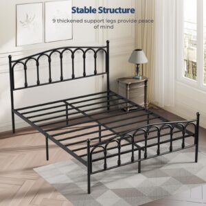 Tatub Queen Metal Bed Frame with Headboard and Footboard, Victorian Black Bed Frame, Under Bed Storage, No Box Spring Needed Mattress Foundation, Noise Free