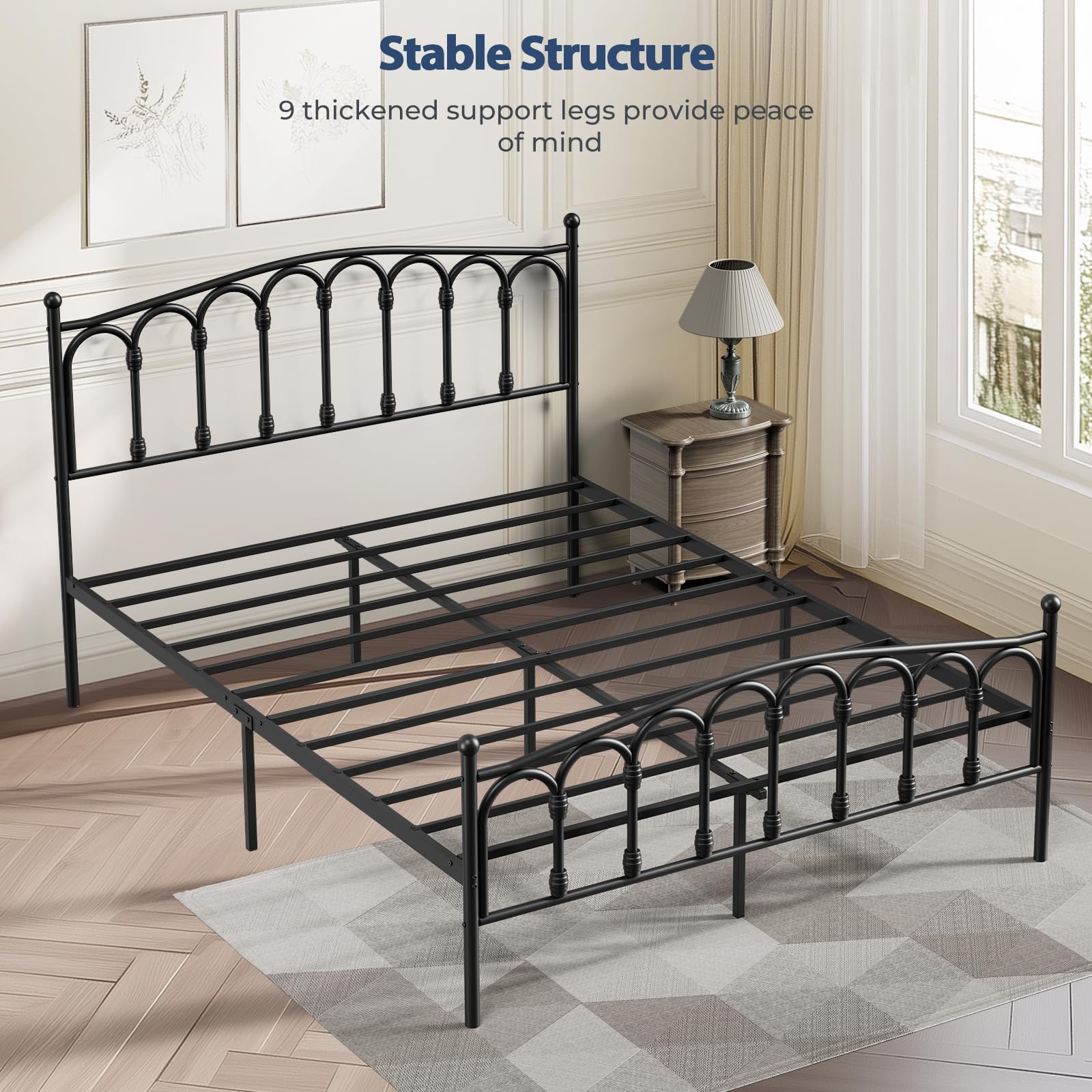 Tatub Queen Metal Bed Frame with Headboard and Footboard, Victorian Black Bed Frame, Under Bed Storage, No Box Spring Needed Mattress Foundation, Noise Free