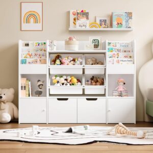 finetones 50'' large toy storage organizer with 4 toy bins, toy organizers and storage with 6 storage cubbies and 2 movable drawers, bookshelf for kids, playroom organization and storage bins, white