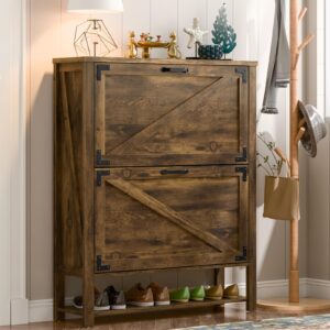 Shoe Storage Cabinet with 2 Flip Drawers, Farmhouse Shoe Cabinet for Entryway, Wood Narrow Shoe Rack Cabinet with Open Storage Rack, Shoe Organizer Cabinet with Metal Handles, Rustic Brown