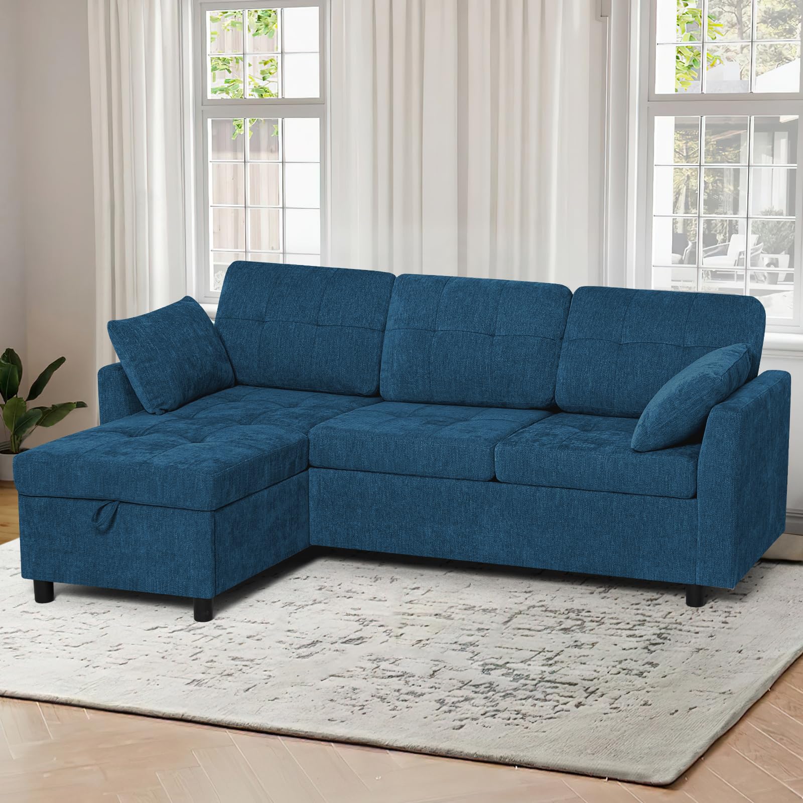 Lesofair 84" Chenille Sectional Sofa w/Tufted Cushions, L-Shaped Convertible Sofa w/Reversible Storage Chaise, Modern Couch w/Two Soft Pillows for Living Room, House, Blue