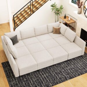 uteeran oversized modular sectional sofa chenille sleeper couch with storage sectional sofa bed for living room, 12 seats, beige