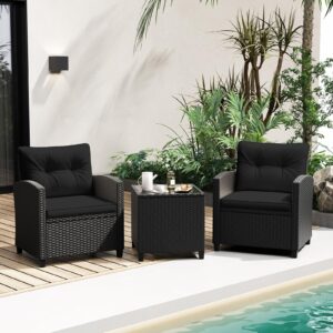 relax4life 3-piece patio furniture set - wicker rattan bistro sofa set w/glass top coffee table, washable cushions for porch balcony backyard poolside, outdoor furniture conversation set (black)