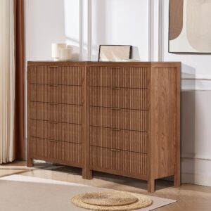 MJADUE Fluted 5 Drawers Dresser, 43" Tall Modern Chest of Drawers Wood Drawer Organizer Dresser for Bedroom Chest of Drawers for Bedroom, Living Room, Hallway, Entryway, Walnut Oak