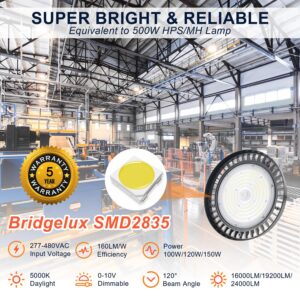 480V UFO LED High Bay Light 150W 120W 100W Adjustable, 5000K Daylight High Bay LED Shop Lights (500W MH/HPS Equiv.), 0-10V Dimmable Commercial Bay Lighting for Warehouse Factory, IP65 AC 277-480V