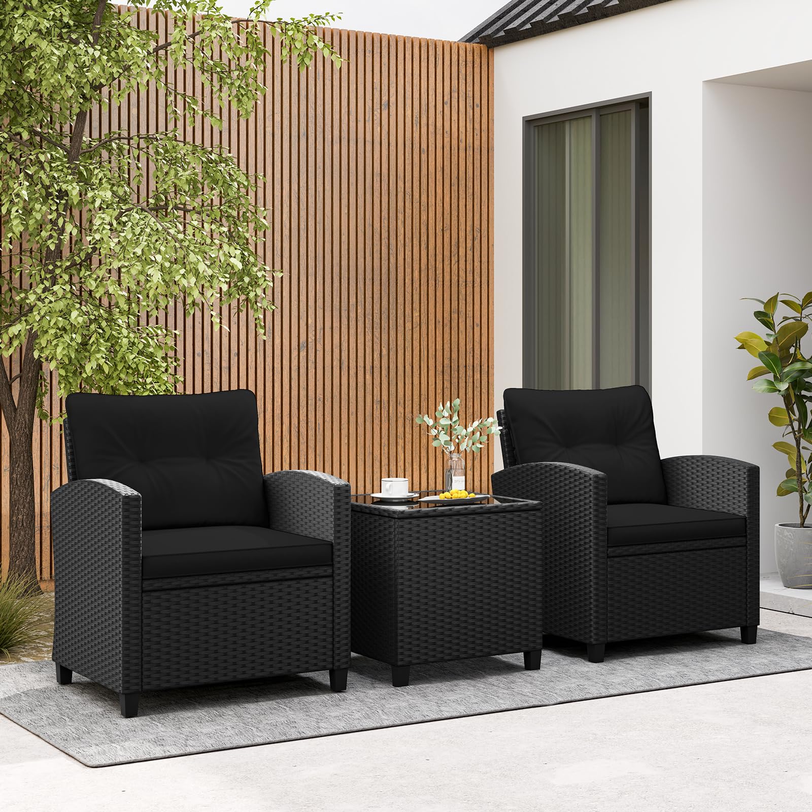 RELAX4LIFE 3-Piece Patio Furniture Set - Wicker Rattan Bistro Sofa Set w/Glass Top Coffee Table, Washable Cushions for Porch Balcony Backyard Poolside, Outdoor Furniture Conversation Set (Black)