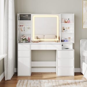 Makeup Vanity Desk with Mirror and Lights, White Makeup Vanity Table with 7 Drawers and 3 Cabinets, Makeup Desk with Charging Station, Dressing Table for Bedroom