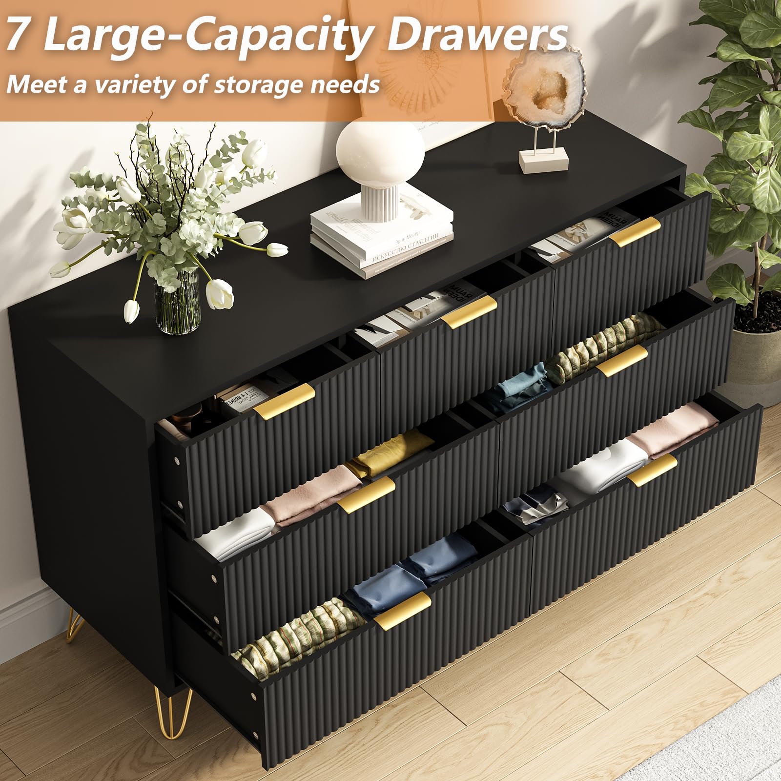 LYNSOM Black Dresser with 7 Drawer, Fluted Wood Dresser with Gold Handle, Modern Closet Dressers Chest of Drawers for Living Room, Hallway and Office