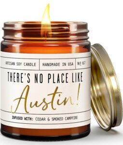 austin gifts, austin decor for home - 'there's no place like austin candle, w/cedar & campfire i austin souvenirs i 9oz jar, 50hr burn, made in usa