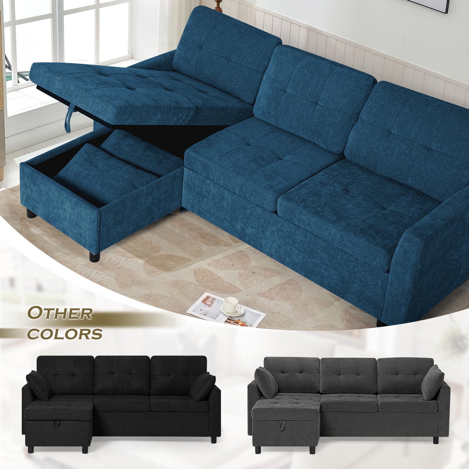 Lesofair 84" Chenille Sectional Sofa w/Tufted Cushions, L-Shaped Convertible Sofa w/Reversible Storage Chaise, Modern Couch w/Two Soft Pillows for Living Room, House, Blue