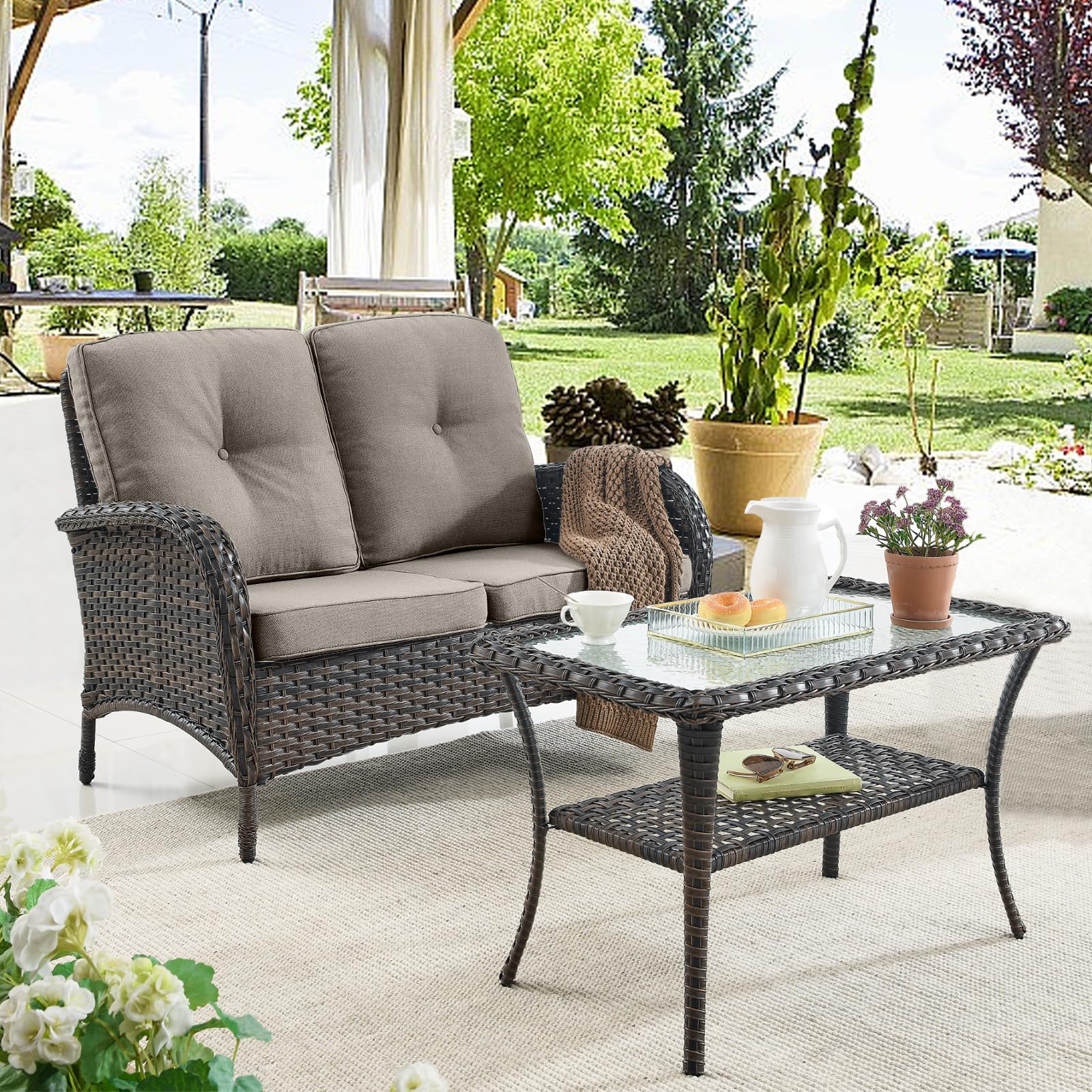 Belord Outdoor Wicker Loveseat with Coffee Table, Patio Loveseat Sofa 2 Piece Outdoor Wicker Furniture Set for Patio Porch Deck Balcony Light Brown/Gray