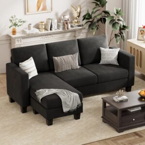 VICTONE Sectional Sofa Couch, 3 seat L-Shaped Small Sofa with Movable Ottoman Couch for Small Apartments, Living Rooms and Offices (Linen Fabric, Deep Grey)