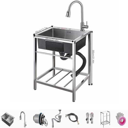 Commercial kitchen sink, household sink, vegetable basin single sink, commercial restaurant kitchen sink, washbasin, suitable for garage, restaurant, kitchen, laundry room, outdoor(55x45x80cm/21.6x17.