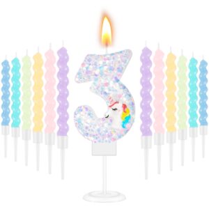 mtlee number 3 birthday candles unicorn number candle with 12 rainbow spiral candles for birthday cakes sequin numeral princess candle number birthday cake topper for unicorn birthday decorations