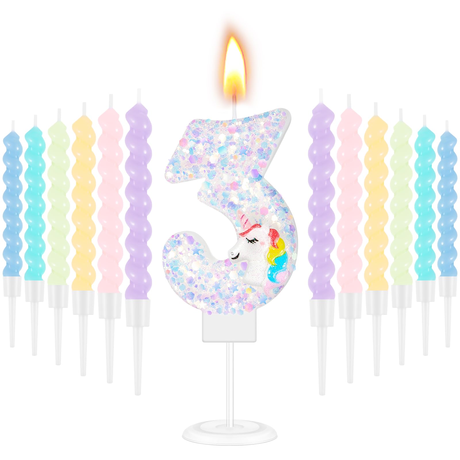 MTLEE Number 3 Birthday Candles Unicorn Number Candle with 12 Rainbow Spiral Candles for Birthday Cakes Sequin Numeral Princess Candle Number Birthday Cake Topper for Unicorn Birthday Decorations