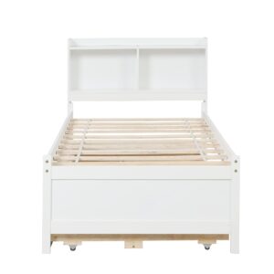 PVWIIK Twin Size Platform Bed with Trundle & Storage Drawers & Storage Headboard for Kids Bedroom,Solid Wood Capitan Bedframe,No Box Spring Needed,White