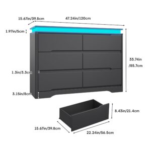 Fameill Black Dresser for Bedroom, 6 Drawer Dresser with LED Lights, Modern Dresser Organizer with Charging Station, Double Wide Chest of Drawers for Living Room, Entryway