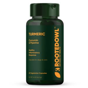 rooted owl turmeric - turmeric supplement for dogs and cats - with curcumin, piperine and vitamin c for anti-inflammatory relief - 60/ct