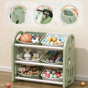 Kids Toy Organizer with 6 Storage Bins,Children Toys Storage Organizer for Books, Building Blocks, School Materials,Green