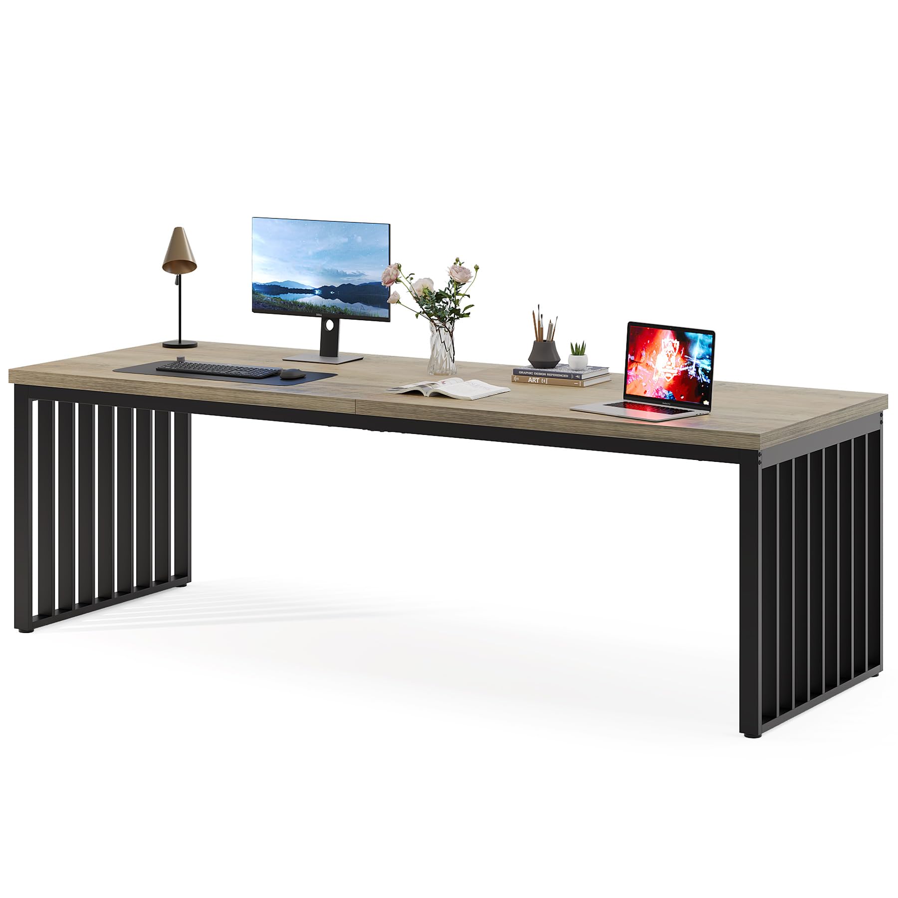 Tribesigns 78.74" Extra Long Computer Desk 2 Person Desk, Double Long Desk with Heavy Duty Metal Frame, Double Workstation Study Desk for Home Office, Brown (Without Chair) (Gray & Black)