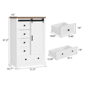 JoanKaren Modern 5 Drawers Dresser for Bedroom w/Sliding Barn Door, Farmhouse 48 Tall Dresser 5 Chest of Drawers,Storage Organizer Dresser for Bedroom, Hallway, Living Room, Kids Room,Entryway,White