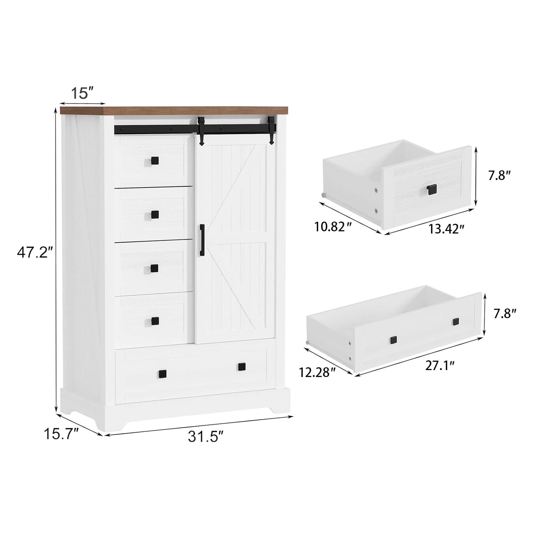 JoanKaren Modern 5 Drawers Dresser for Bedroom w/Sliding Barn Door, Farmhouse 48 Tall Dresser 5 Chest of Drawers,Storage Organizer Dresser for Bedroom, Hallway, Living Room, Kids Room,Entryway,White