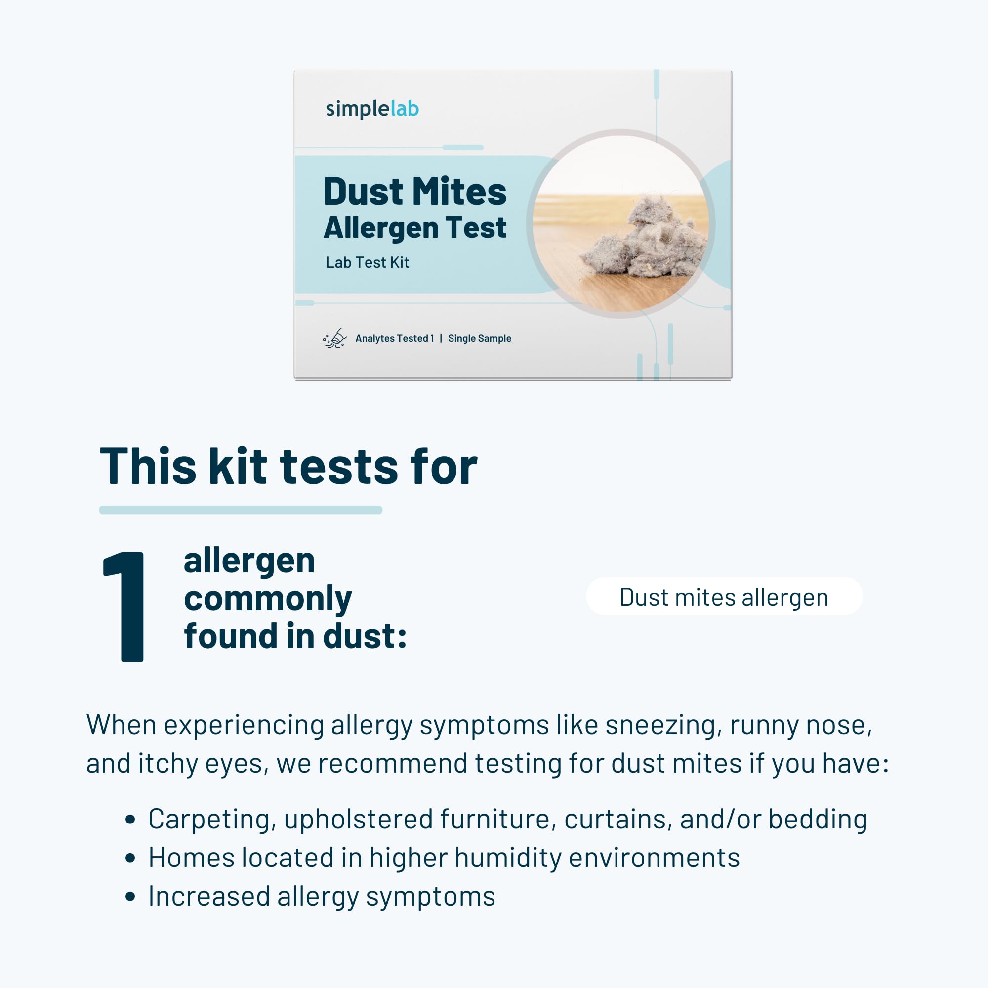 Dust Mites Allergen Test by SimpleLab | Complete Indoor Surface and Air Quality for Home | Laboratory Testing | at Home Allergen Test Kit