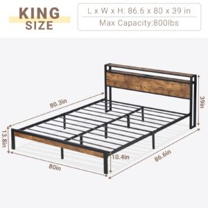 Zevemomo King Size Bed Frame with Headboard, Headboard with Charging Station, 2 USB Port & 2 AC Power Outlet, Modern King Metal Platfrom Bed Frame No Box Spring Needed, Sturdy & Assembly, Brown