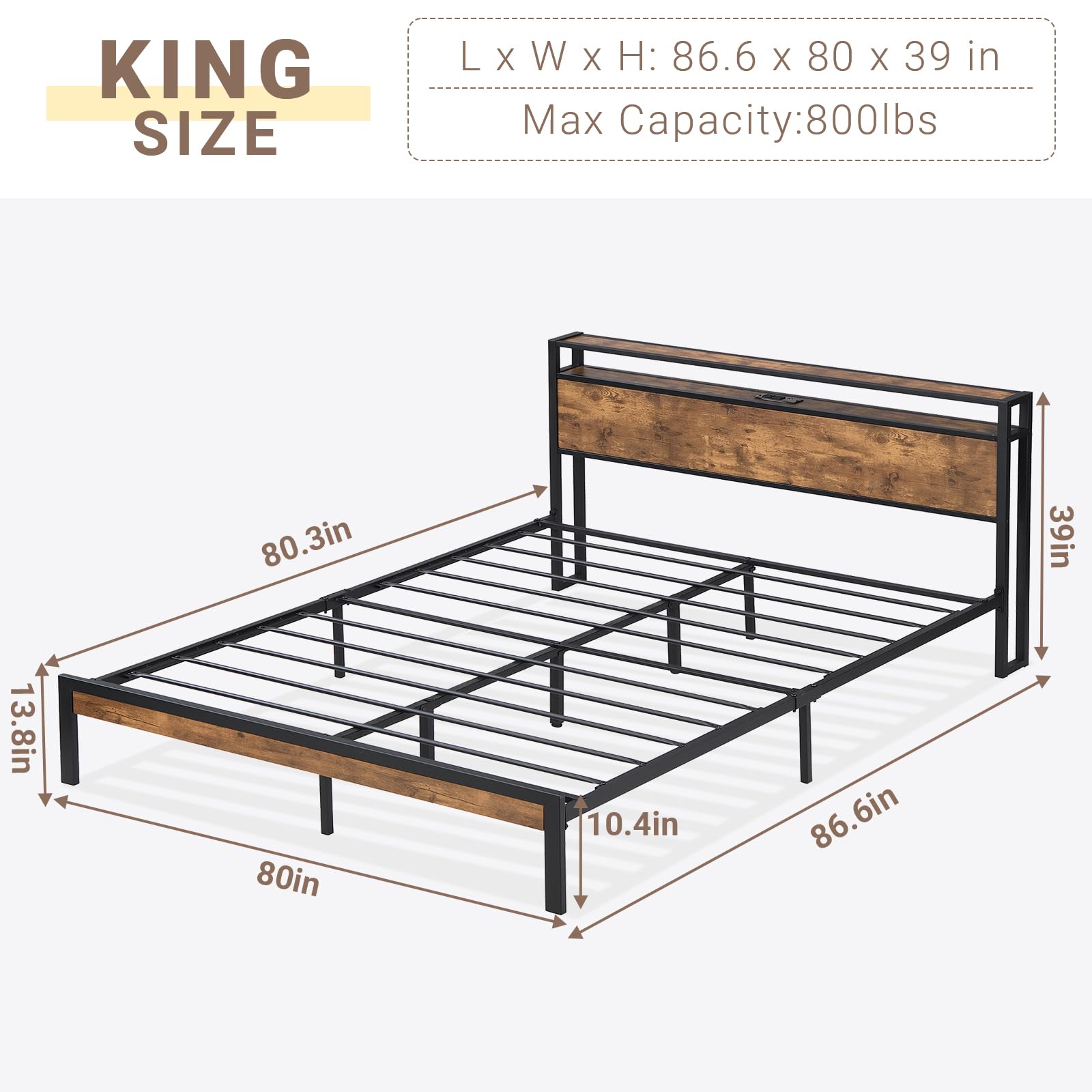 Zevemomo King Size Bed Frame with Headboard, Headboard with Charging Station, 2 USB Port & 2 AC Power Outlet, Modern King Metal Platfrom Bed Frame No Box Spring Needed, Sturdy & Assembly, Brown