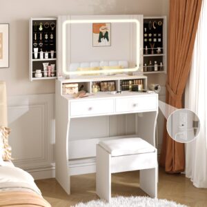 fameill vanity desk with mirror and lights, white makeup vanity with 3 color lighting & 2 large drawers, small vanity with charge station and stool, vanity set with hidden sliding jewelry cabinet