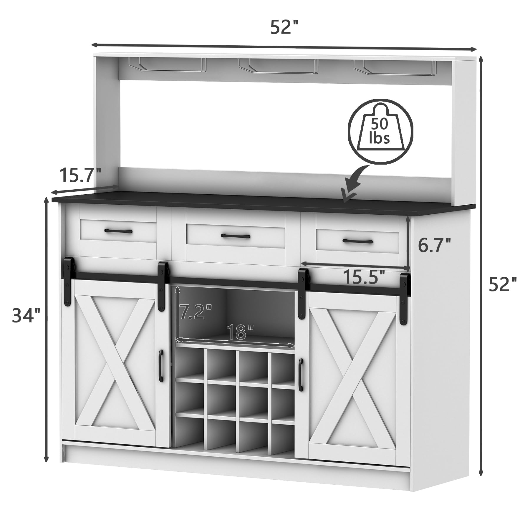 Pipleo 52" Farmhouse Coffee Bar Cabinet with Storage, Wine Bar Cabinet with 9 Glass Holders and 12 Grid Wine Racks, Wood Buffet Cabinet with Sliding Barn Doors for Kitchen Dinning Room, Antique White