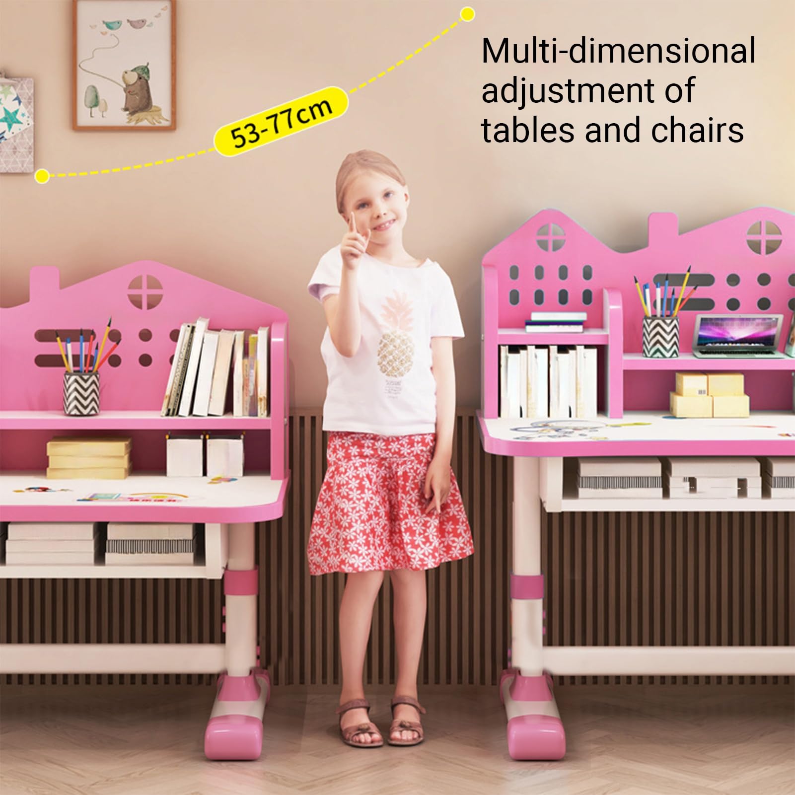 Kids Functional Desk and Chair Set, Ergonomic Height Adjustable Children School Study Desk with Large Desktop, Book Stand, Bookself, Metal Hook and Storage Drawer for Boys Girls Xmas Birthday Gifts P