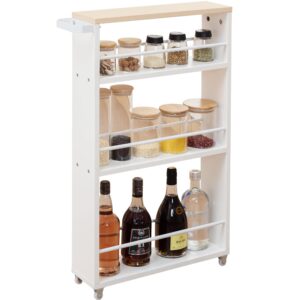 primezone 4 tier slim storage cart - 18.5"w x 5"d x 31"h narrow rolling utility storage cart with handle & wheels, slide out mobile shelving unit organizer for small spaces, kitchen, laundry, white