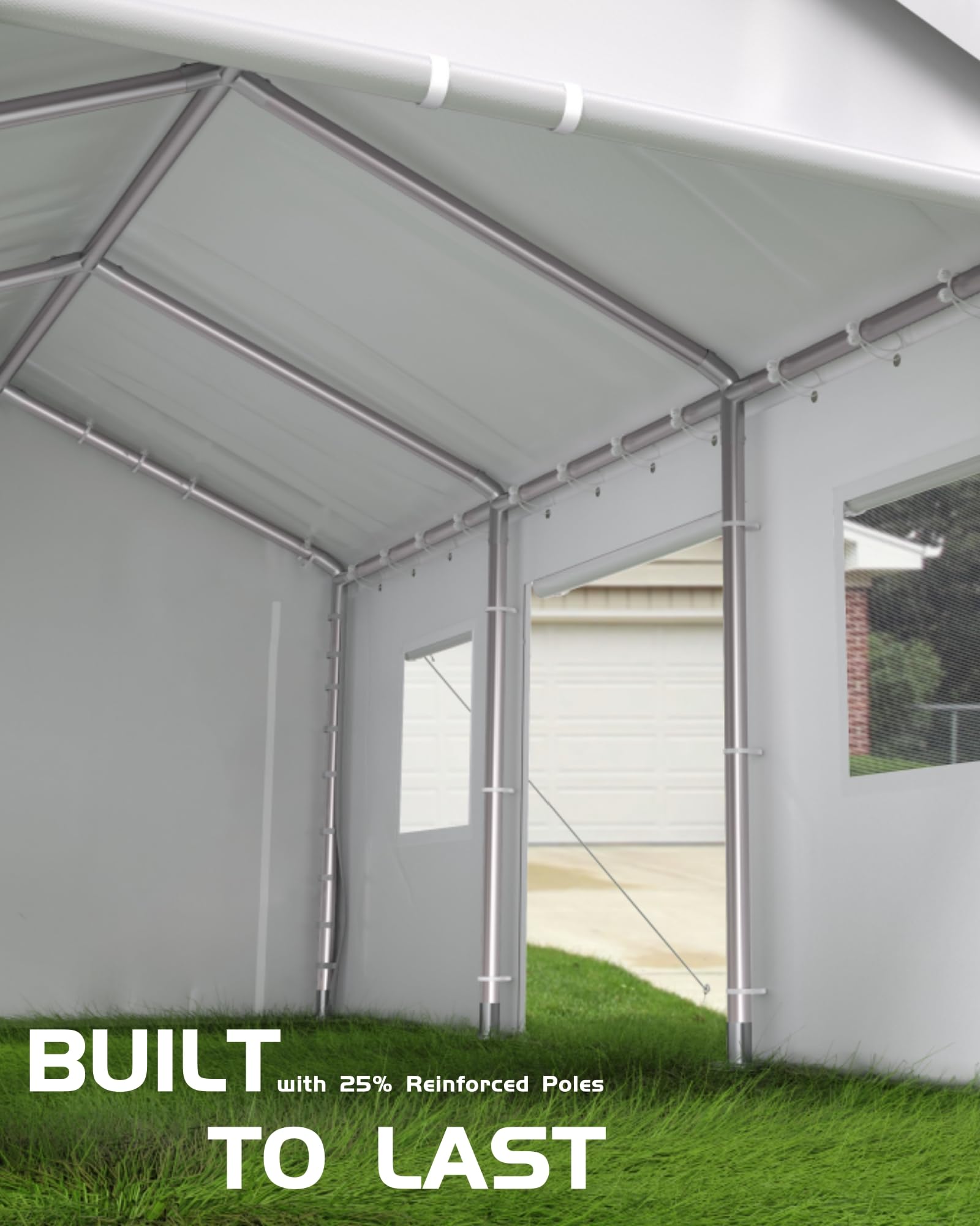 KYBOLT 13 x 20 Ft Heavy-Duty Carport, Portable Garage, 180g PE Waterproof Canopy and 8 x 1.0 mm Poles for Full-Size Pickup Trucks, Boats, and SUVs - White