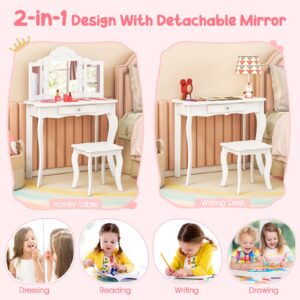 AKUSTIK Kids Vanity with Lights, 2 in 1 Wooden Dressing Table and Chair Set with Tri-Folding Mirror, Stool, Storage Drawer, Toddlers Pretend Princess Beauty Playset Toy Gift for Little Girls