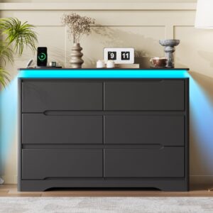 Fameill Black Dresser for Bedroom, 6 Drawer Dresser with LED Lights, Modern Dresser Organizer with Charging Station, Double Wide Chest of Drawers for Living Room, Entryway