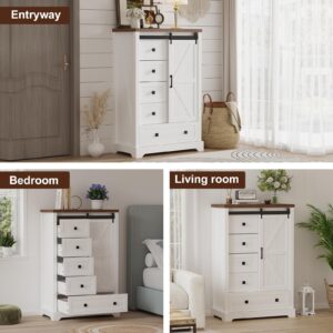 JoanKaren Modern 5 Drawers Dresser for Bedroom w/Sliding Barn Door, Farmhouse 48 Tall Dresser 5 Chest of Drawers,Storage Organizer Dresser for Bedroom, Hallway, Living Room, Kids Room,Entryway,White