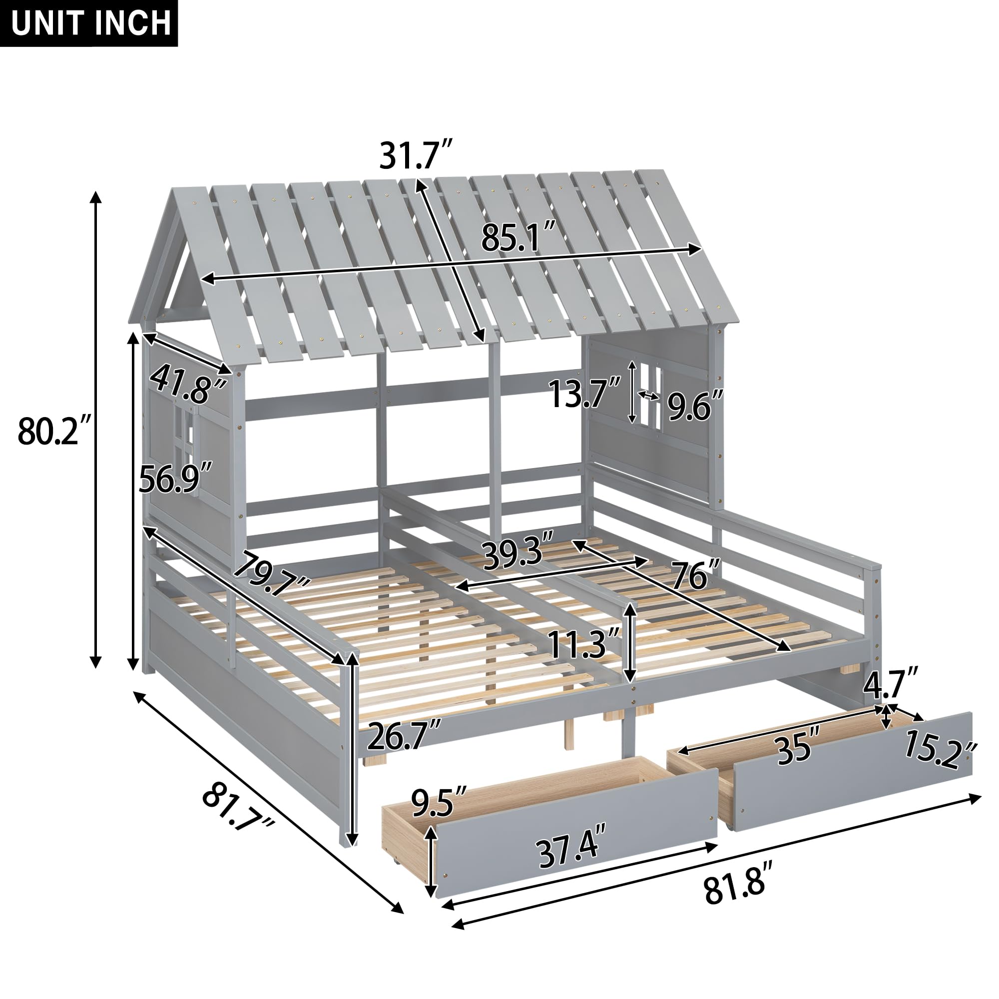 Harper & Bright Designs House Bed with 2 Twin Platform Beds for Kids,Wooden Double Twin Beds with Storage Drawers and Roof, 2 Beds in 1 Shared Beds for Girls or Boys,No Box Spring Needed,Grey